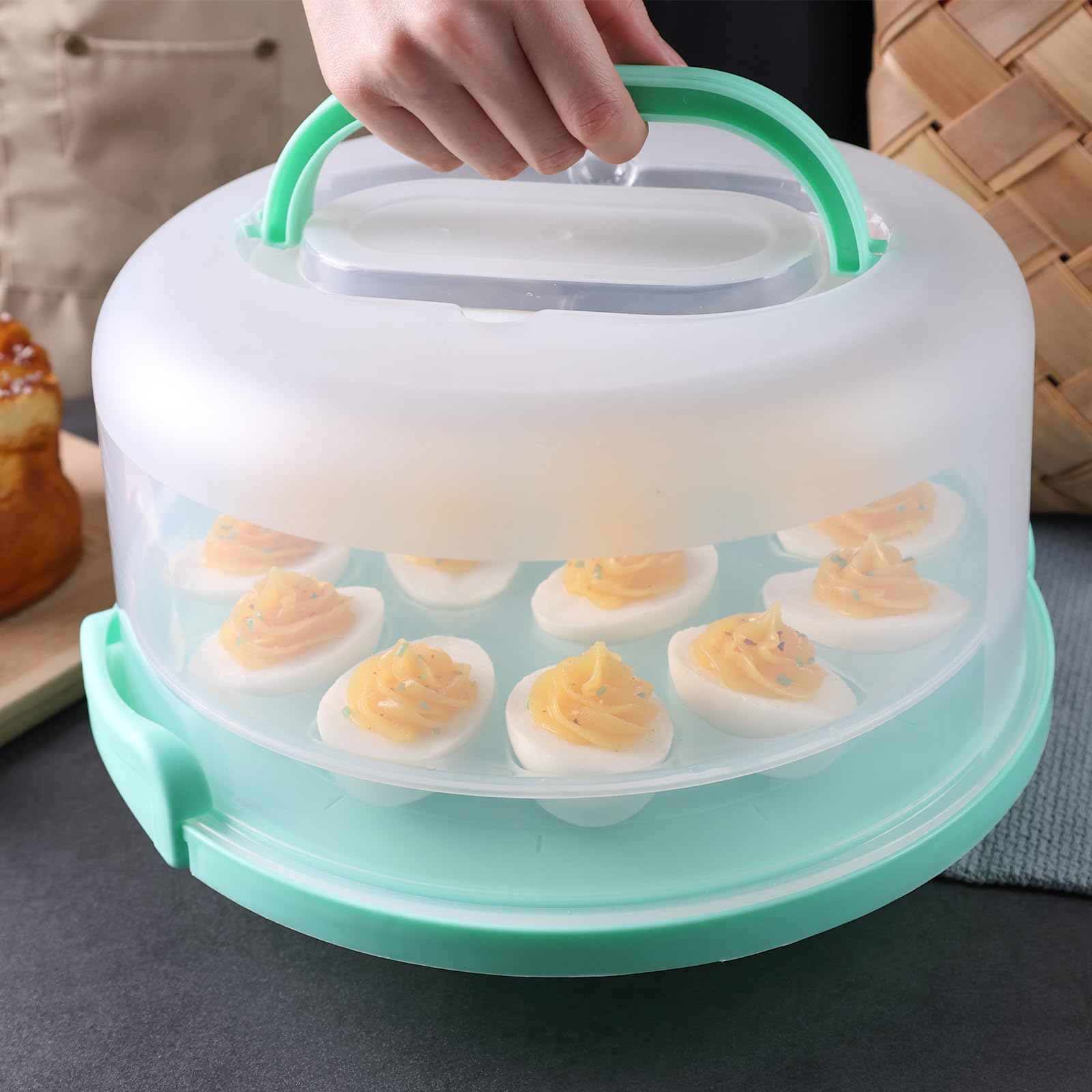 HANSGO Cake Carrier with Lid and Handle, 12x6inch Green Cake Container, Portable Fits 10 inch Cake, 3-in-1 Multipurpose Cake Keeper Holder Platter for Cupcake Devil Eggs Cake Dishwasher Safe