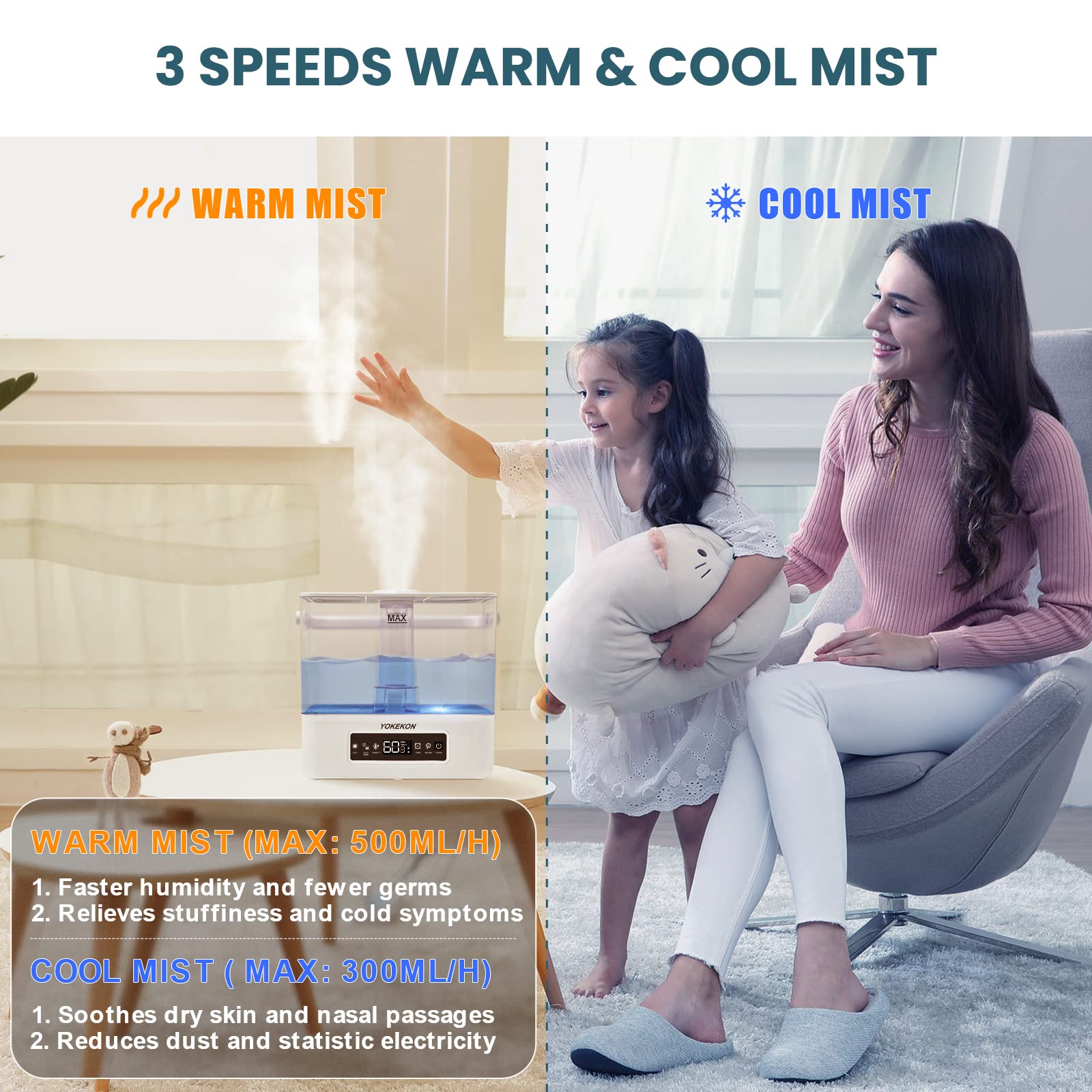 YOKEKON Humidifiers for Large Room Home, Warm and Cool Mist Humidifiers, 6L Room Humidifiers Covering 753 ft², Perfect Large Humidifiers for Plants Office, Remote, Quiet, Aroma Box, Transparent Tank