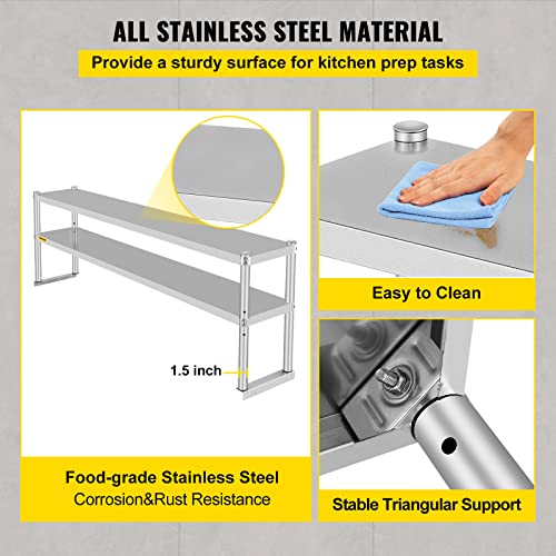 VEVOR Double Overshelf, Double Tier Stainless Steel Overshelf, 72 in Length x 12 in Width Double Deck Overshelf, Height Adjustable Overshelf for Prep & Work Table in Kitchen, Restaurant and Workshop