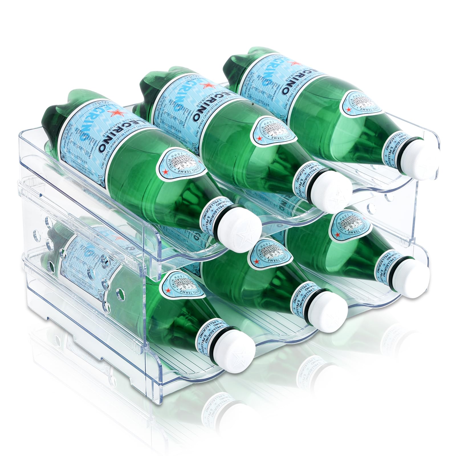ChengFu Sparkling Water Bottle Holder,6 Bottle Refrigerator Rack for Sparkling Water, Water Bottle Organizer for Sparkling Water Bottle, 2 Pack Stackable Cup Organizer for Fridge, Clear