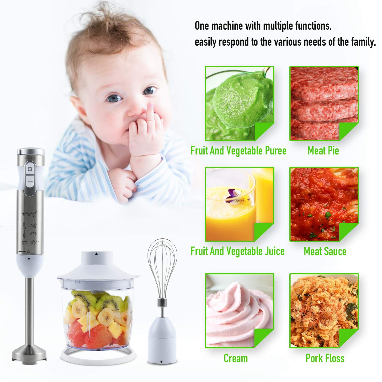 Vinchef 5 in 1 Immersion Hand Blender, 300 Watt, Multi-Speed Stainless Steel Handheld Stick Blender with 700ml Beaker, Whisk, Chopper/Grinder Bowl and Wall Rack, BPA-Free