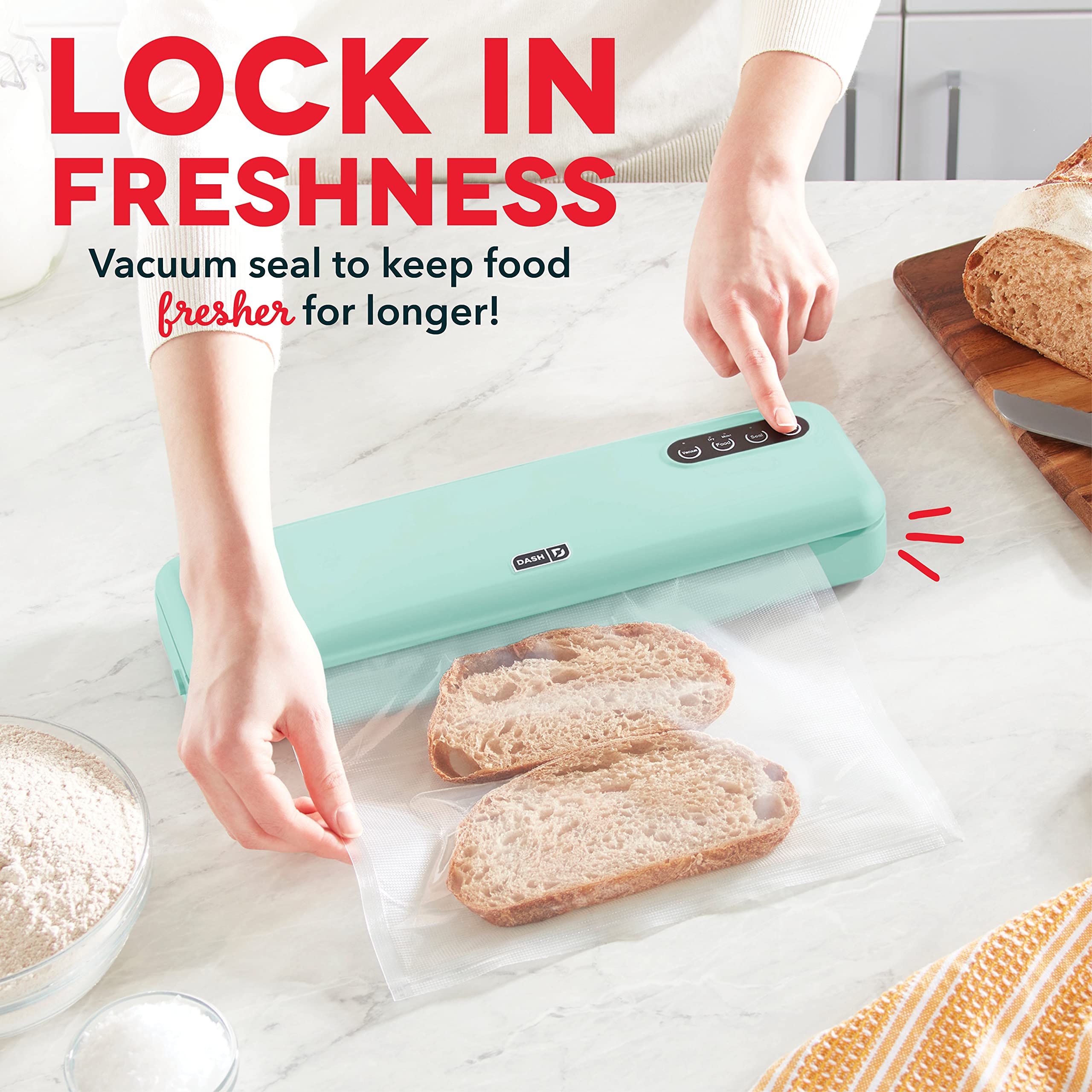 DASH SuperSeal™ Vacuum Sealer for Food Storage and Sous Vide, Perfect for Preserving Fresh Ingredients, Single Use & Reusable Bags and Cutter Included - Aqua