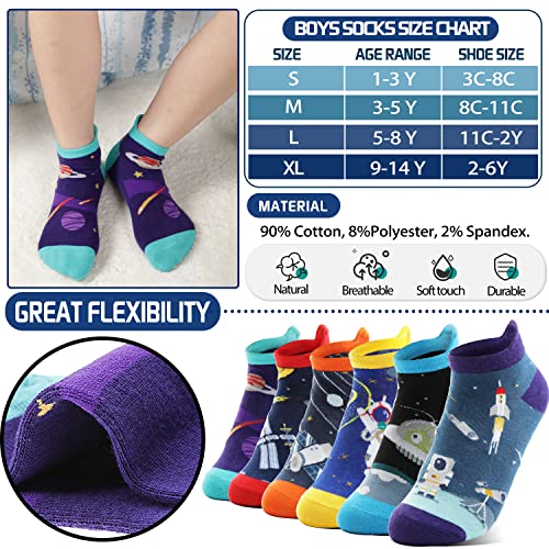 Welwoos Kids Boys Ankle Socks No Show Low Cut Funny Cute Cartoon Novelty Cotton Socks 6 Pairs Gifts Stocking Stuffers for Boys Kids(Space,5-8 Y)