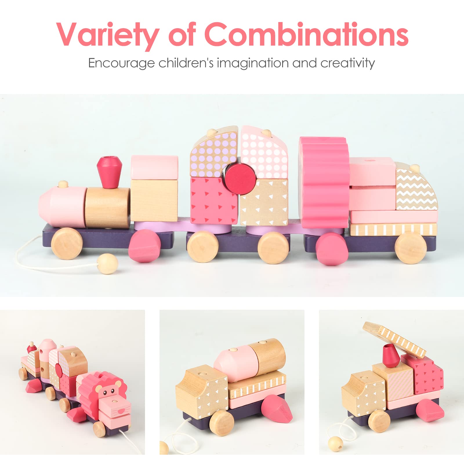 Toddler Montessori Toy, Wooden Block Train Set Stackable Building Blocks Toy Shape Sorter Toy Pink Lion Pull Toy for Baby Girl Ages 2 4 3 Years Birthday Gift Early Learning Educational Toy