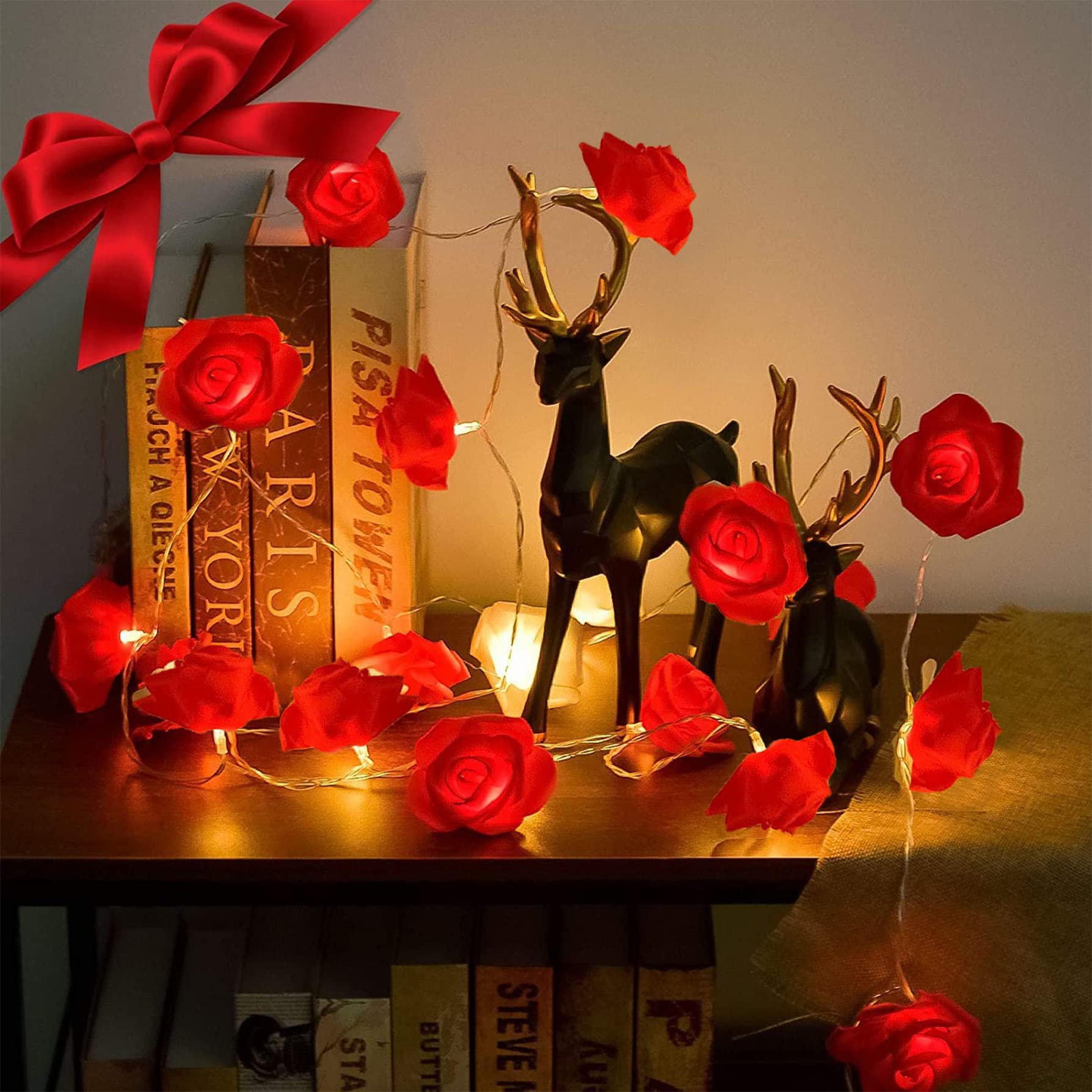 Yomiie Rose Flower String Lights Valentine's Day Decoration 6.6 ft 20 Rose Lamp Fairy String Lights, DIY Lights Decorations for Mother's Day Wedding Garden Party Decoration - Red