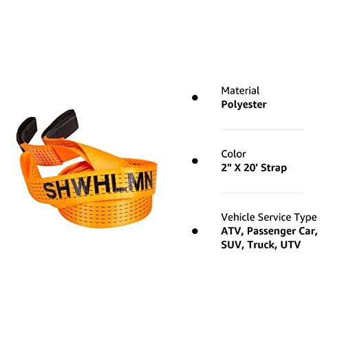 Recovery Tow Strap 2" X 20' LB Tested 20,024lb (10 US Tons ) Break Strength, Use for Emergency 4x4 Towing Rope Heavy Duty, Tree Saver, Winch Extension, Triple Reinforced Loops, Ensure Safety - SHWHLMN