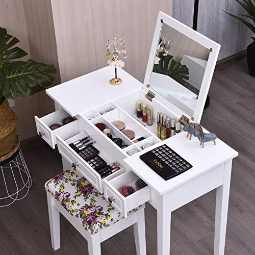 CHARMAID Makeup Vanity Desk with Flip Top Mirror and 3 Drawers, 7 Storage Compartments, White Writing Desk Dressing Table Vanity Set with Cushioned Stool for Kids Girls Women, Easy Assembly