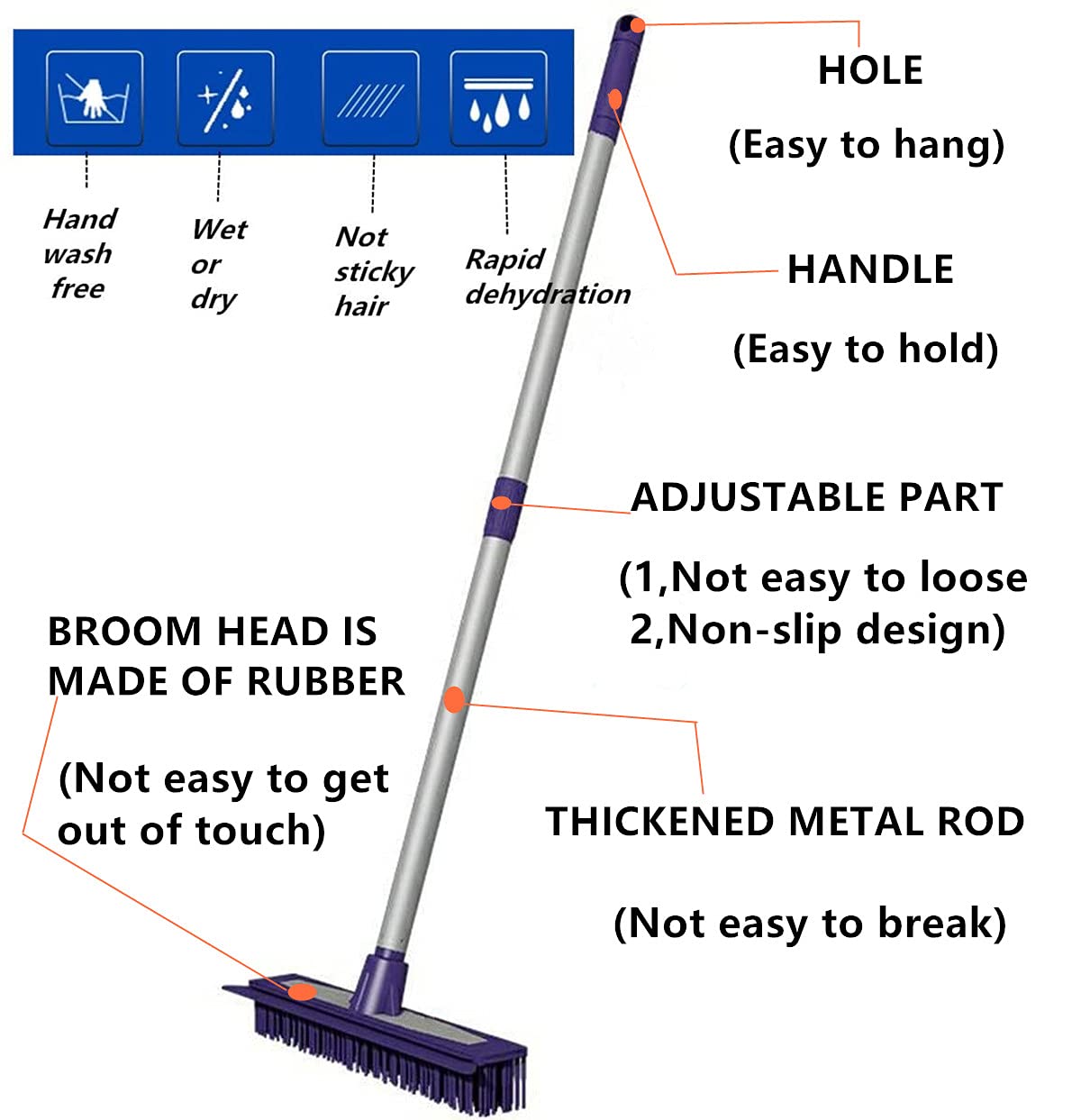 CLEBROOM Soft Rubber Push Broom-Extendable Telescopic Long Handle Bristles Squeegee Broom Bristle Sweeper Removal Pet Dog Hair for Cleaning Hardwood Carpet Tile Windows Clean Water Resistant (Blue)