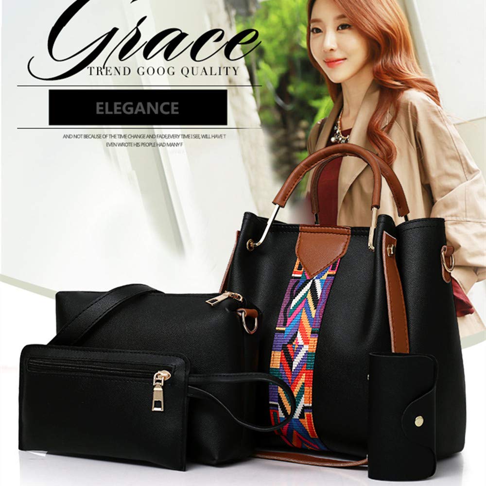 Women Handbag Set 4 in 1 Soft PU Leather Top Handle Bag, Tote Bag, Shoulder Bags Crossbody Bag Wallet Purse Set (Black)