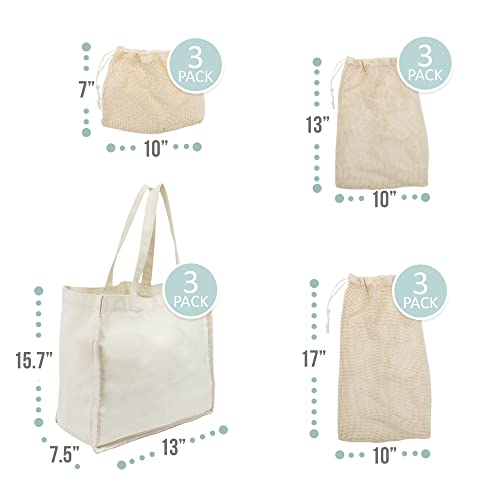 Reusable Grocery Bags Set of 12, 100% Cotton Plain Cloth Blank Canvas Heavy Duty Bag Bundle, With Handles for Shopping, Produce, Farmers Market, Include 3 Small, 3 Medium, 3 Large Mesh Bags, 3 Tote
