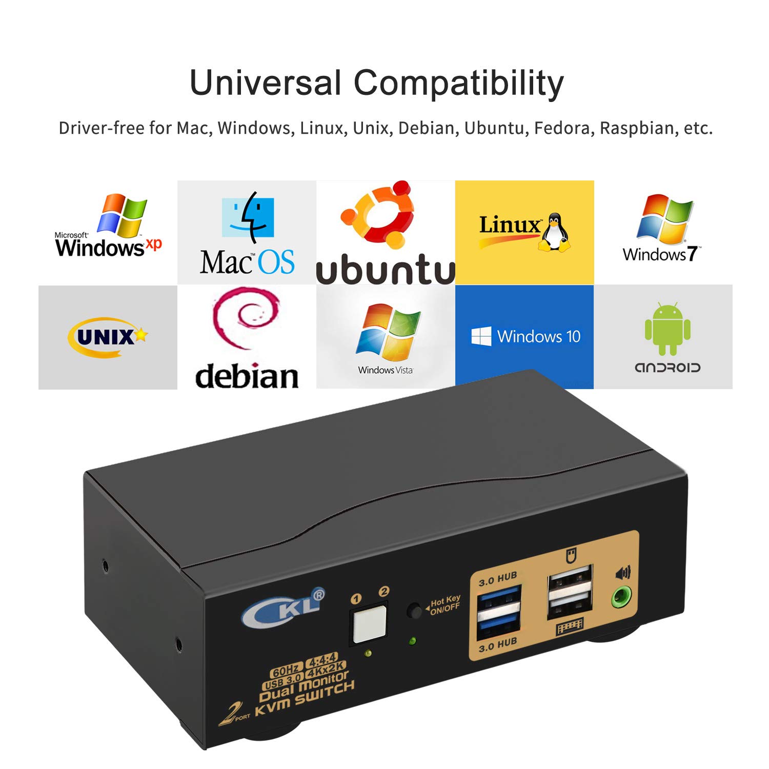 CKL USB 3.0 HDMI KVM Switch Dual Monitor 2 Port Extended Display 4K 60Hz with Cables and Audio 922HUA-3