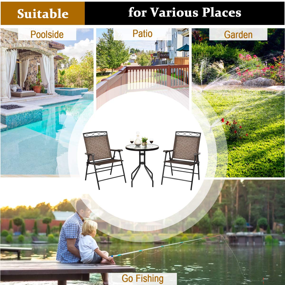 HAPPYGRILL 3 Pieces Patio Dining Set with Round Glass Table, Folding Chairs, Outdoor Chairs Table Set with Umbrella Hole for Garden Poolside Backyard