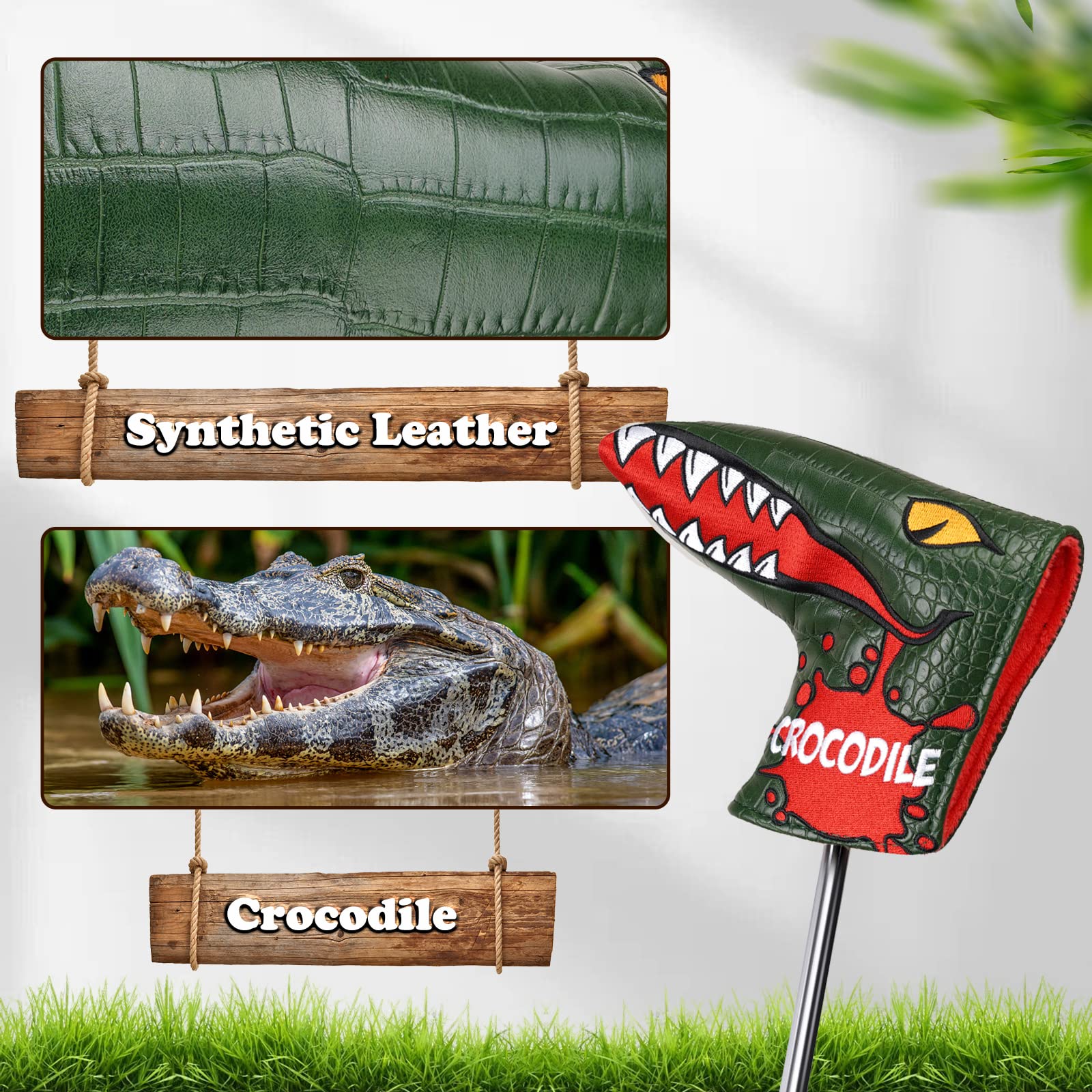 Crocodile Blade Putter Cover, Synthetic Leather Golf Putter Head Covers Magnetic, Fleeced Lined Putter Head Covers, Protective Putter Covers Green