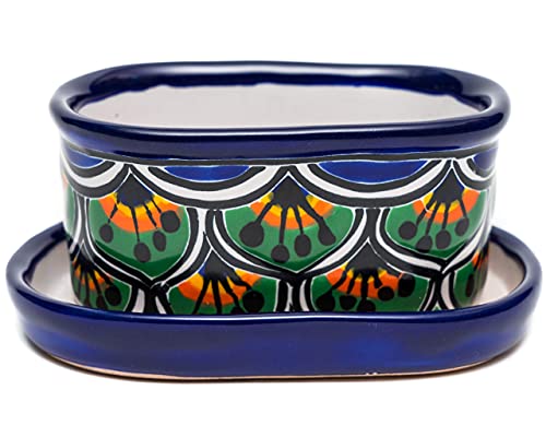 Enchanted Talavera Mexican Talavera Ceramic Succulent Pot Mini Flower Planter Cactus Bonsai Pot W/Drainage & Drip Dish Home Garden Office Desk Décor Gift Set (Peacock)
