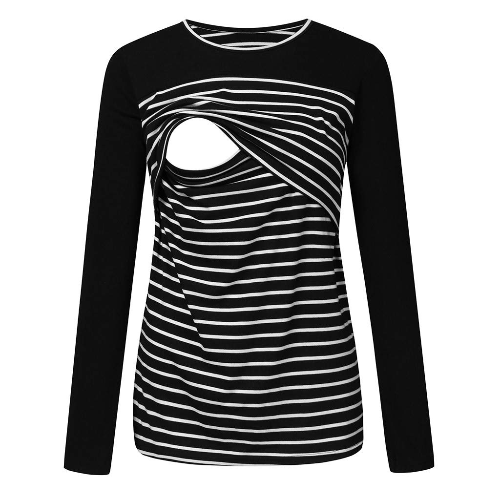 Women Nursing Maternity Layered T Shirt Breastfeeding Long Sleeve Tunics Blouse Pregnancy Striped Packwork Tees Sweatshirts (Black, M)