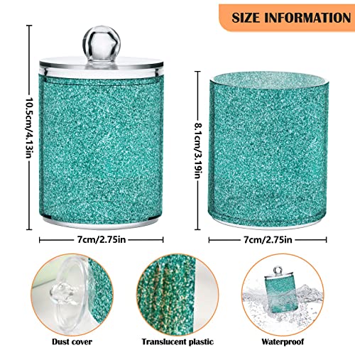 MCHIVER Teal Green Turquoise Glitter Bathroom Canisters Organizer 2 Pack Clear Plastic Jars with Lids 10 Oz Makeup Organizer for Cotton Ball Swab Round Pads Floss
