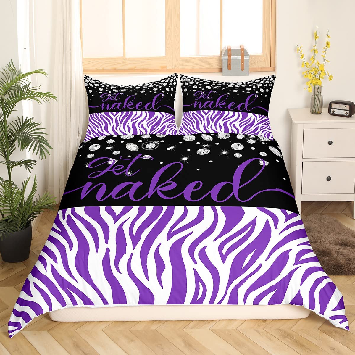 Feelyou Glitter Print (No Glitter) Diamond Bedding Set for Girls Pastel Zebra Comforter Cover Set Queen Size Get Naked Duvet Cover BedPurple Black White Bedspread Cover Bedding Collection 3Pcs