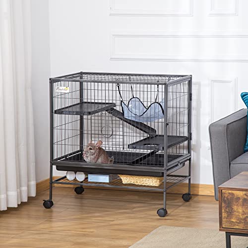 PawHut Small Animal Cage with Hammock, 3 Tiers Ferret Cage with Storage Shelf, Chinchilla Cage Sugar Glider Cage, Strong Metal Wire, Removable Tray