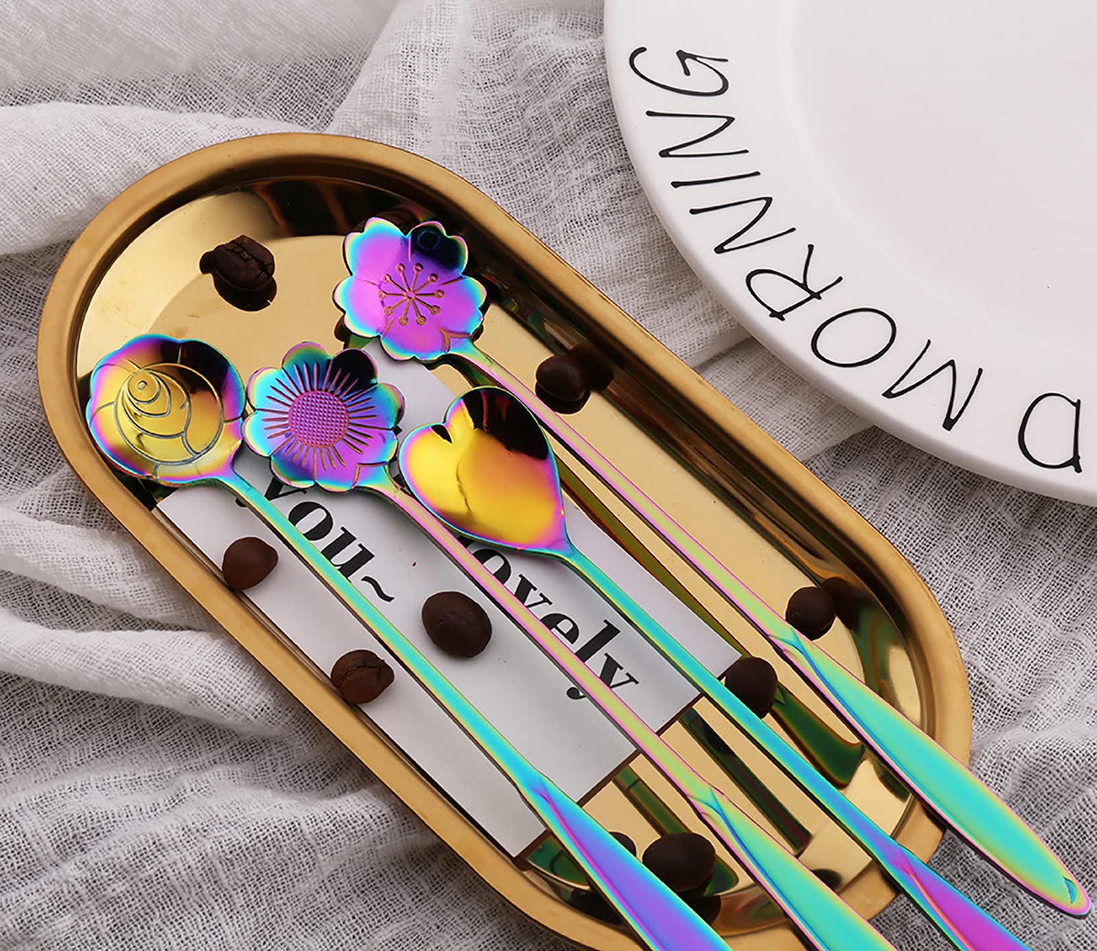 Diaertiny 12Pcs Flower Spoon Long Handle Coffee Dessert Stirring Ice Teaspoons Gold, Rose Gold, Rainbow Cocktail Stainless Steel Spoons for Bar Home Office Party