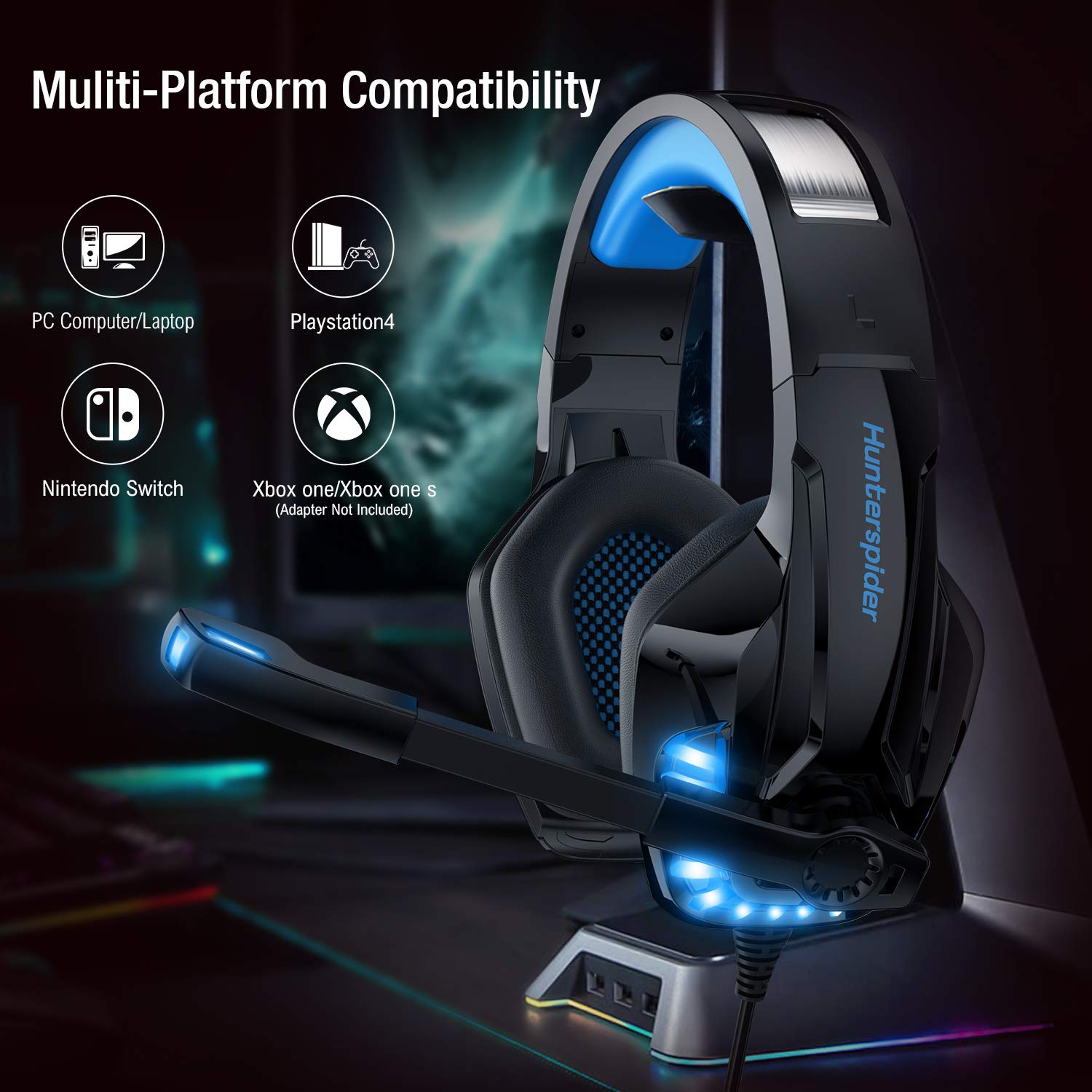 CLEVO Gaming Headset, PC PS4 Headphone with Microphone Stereo Sound - Noise Cancelling Over-Ear Headphones with Mic 3.5mm Jack Volume Control LED Light