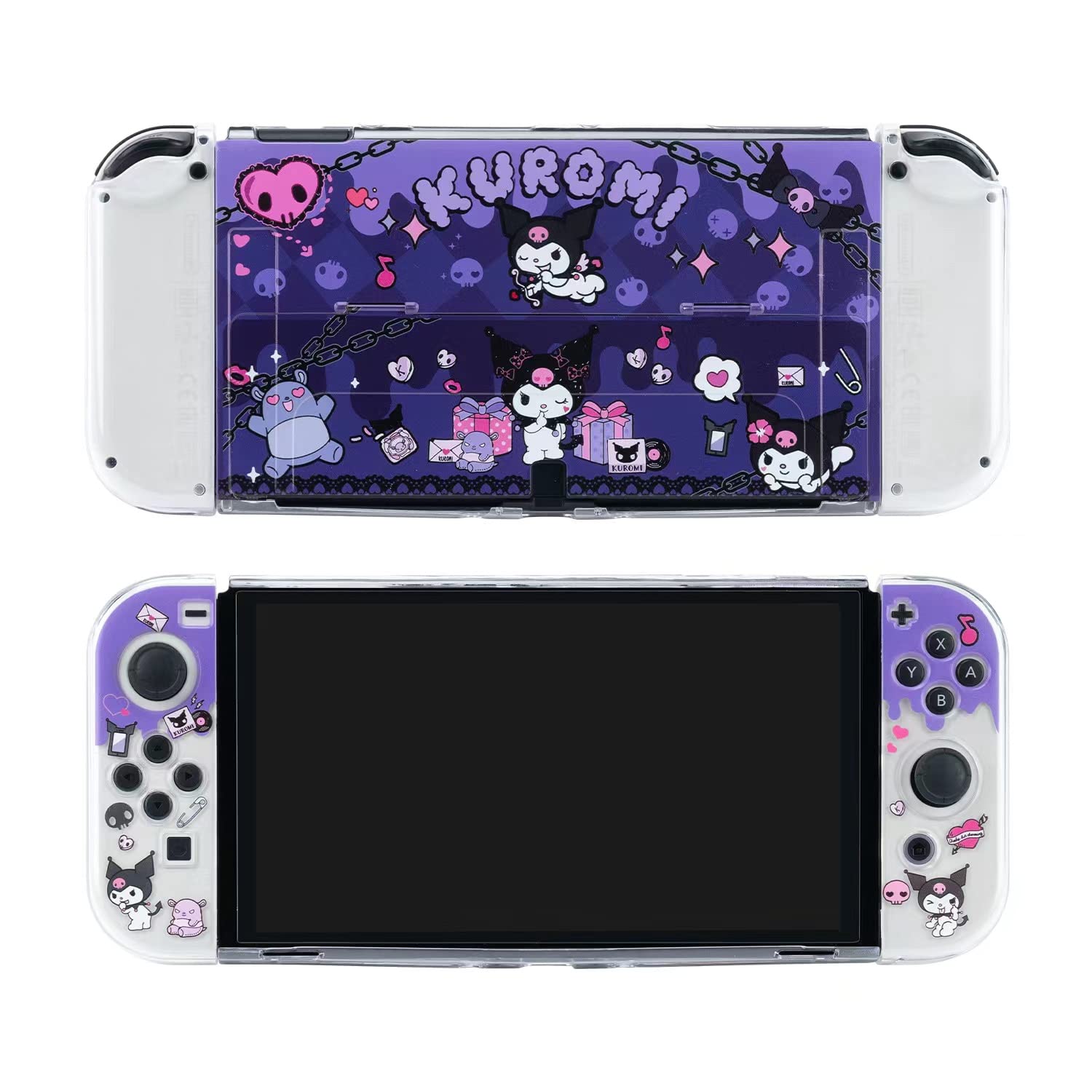 Eamily Cute Kuromi Case Compatible with Nintendo Switch OLED, Dockable Case Cover, Ergonomic Soft TPU Grip Case for Joycon, Sparkle Skin Set