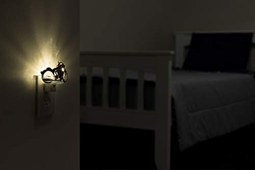 GE LED Motorcycle Night Light, Plug-In, Dusk-to-Dawn Sensor, Auto On/Off, Energy-Efficient, Soft White, Flames & Chrome Design, Ideal for Bedroom, Playroom, Bathroom, & More, Black/Silver, 10904