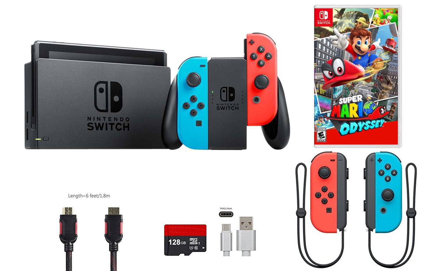 Nintendo Switch Bundle (6 items): 32GB Console Neon Red Blue Joy-con, Game Disc Super Mario Odyssey, Extra Pair of Joy-con Red and Blue,128GB Micro SD Card, Type C Cable, HDMI Cable