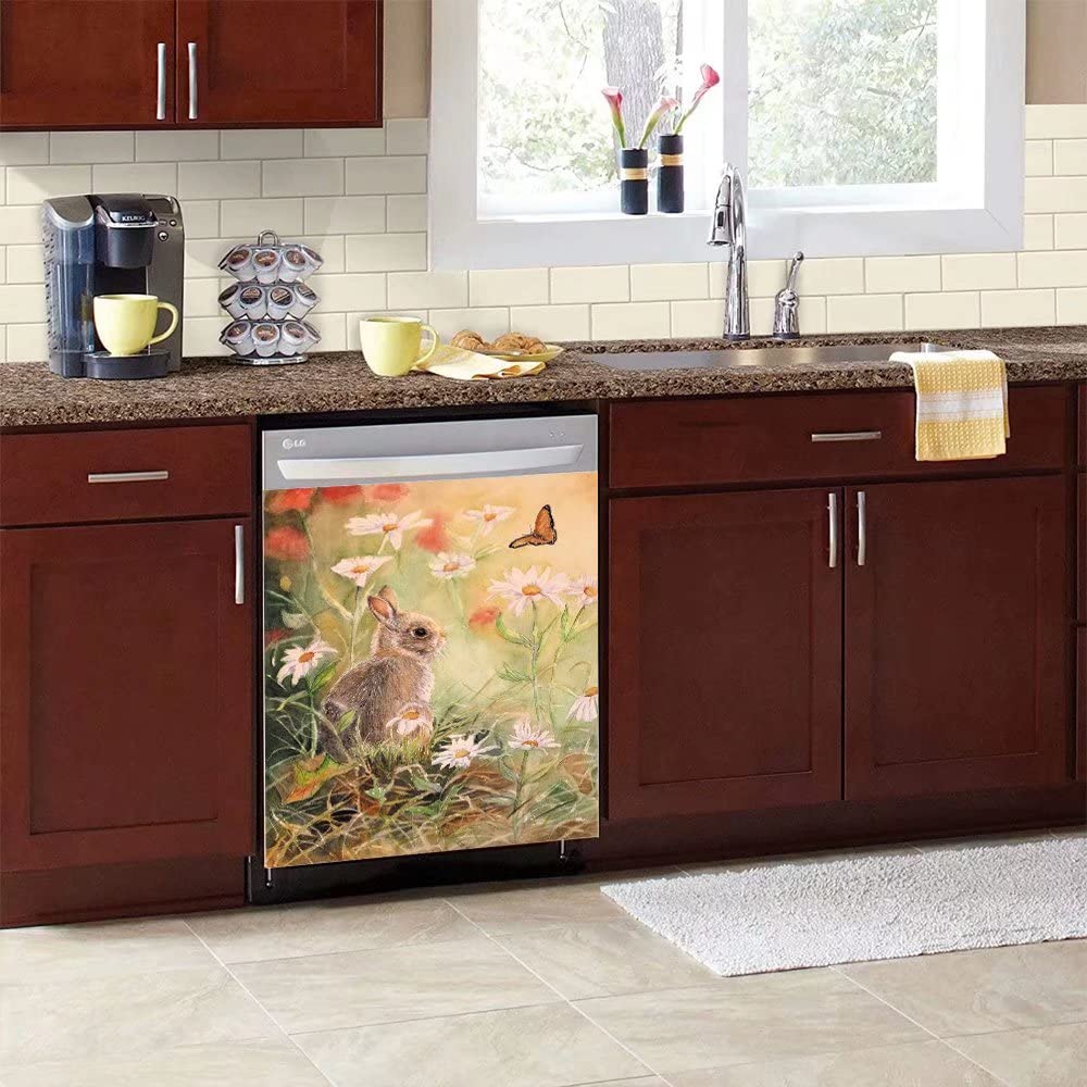 Flower and Butterfly Dishwasher Cover Magnetic Sticker Oil Painting Heat-resistant Decorative Rabbit Easter Kitchen Decoration fridge Washing Machine Magnet Panel Decal Home Decor Wallpaper 23"Wx26"H