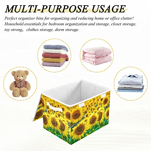 innewgogo Field Yellow Sunflowers Storage Bins with Lids for Organizing Baskets Cube with Cover with Handles Oxford Cloth Storage Cube Box for Car