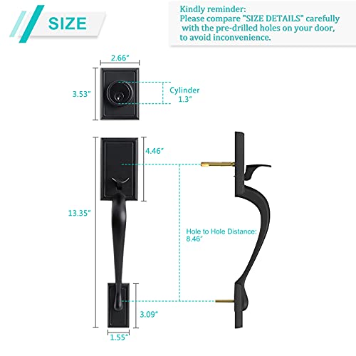 GUA OYH Double Front Door Handle Matte Black Double Door Lock Keyed Dummy Door Lock Set with Handle Lever for Front Door or Office Door (L361516-B-S118)