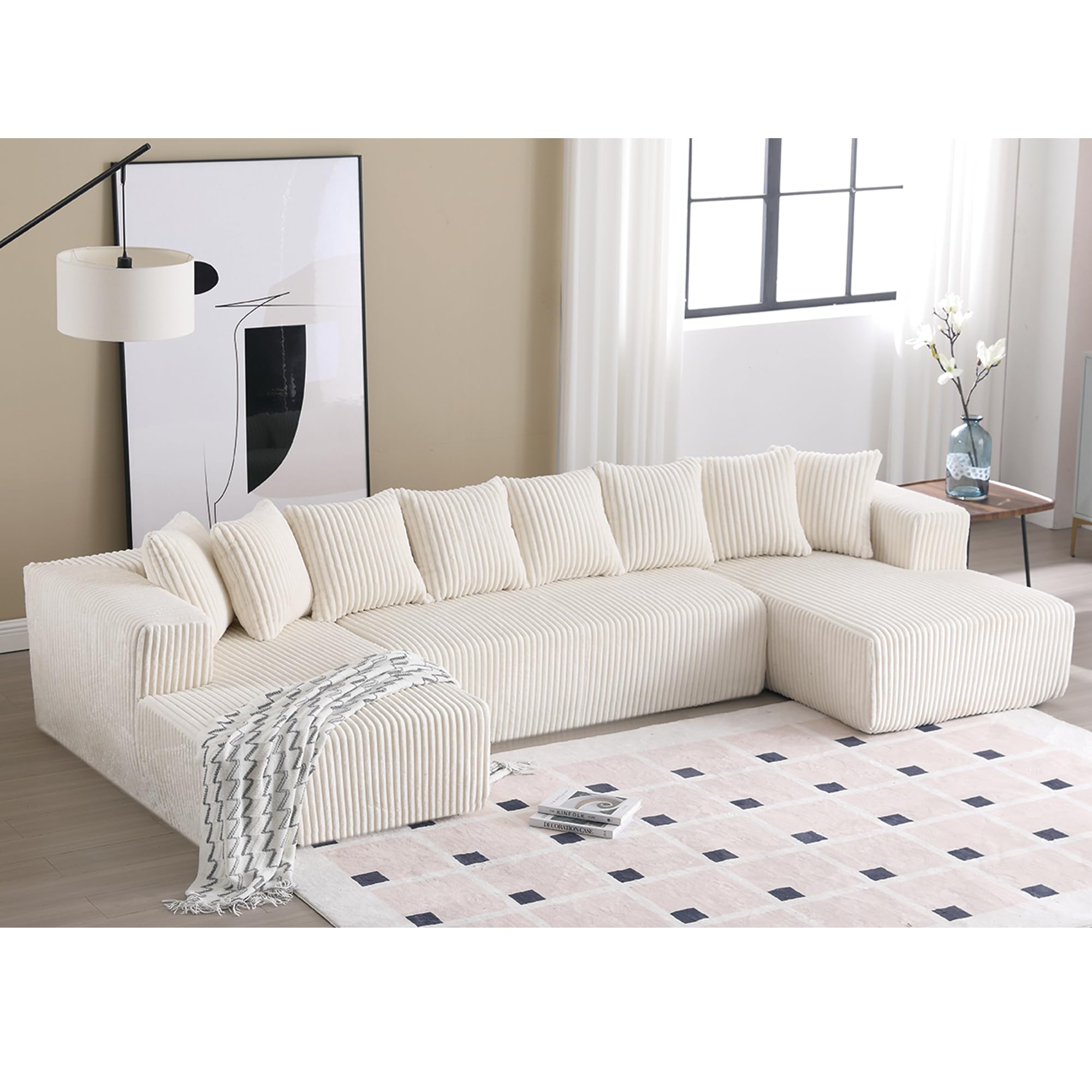 HANLIVES 130" Oversized 6 Seats U-Shaped Sofas for Living Room Apartment,Modern Large Cloud Sofa with Double Chaise,Corduroy Fabric Sectional Sofa Couch-White