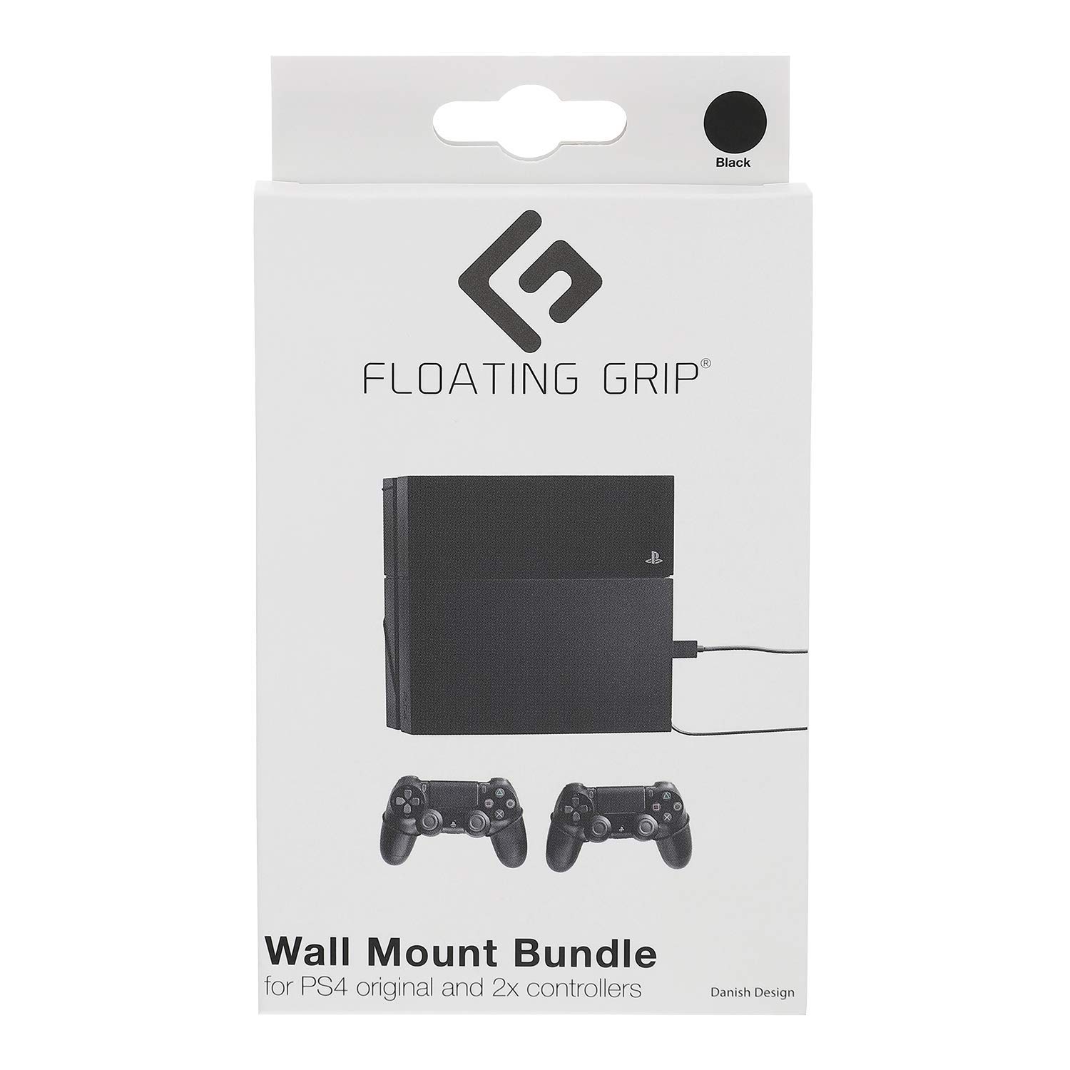 PS4 / PlayStation 4 Wall Mount system by FLOATING GRIP - Wall Mount hanging kit for displaying PS4 and 2x Controllers on the wall (Bundle: Fits PS4 + 2x Controllers, Black)