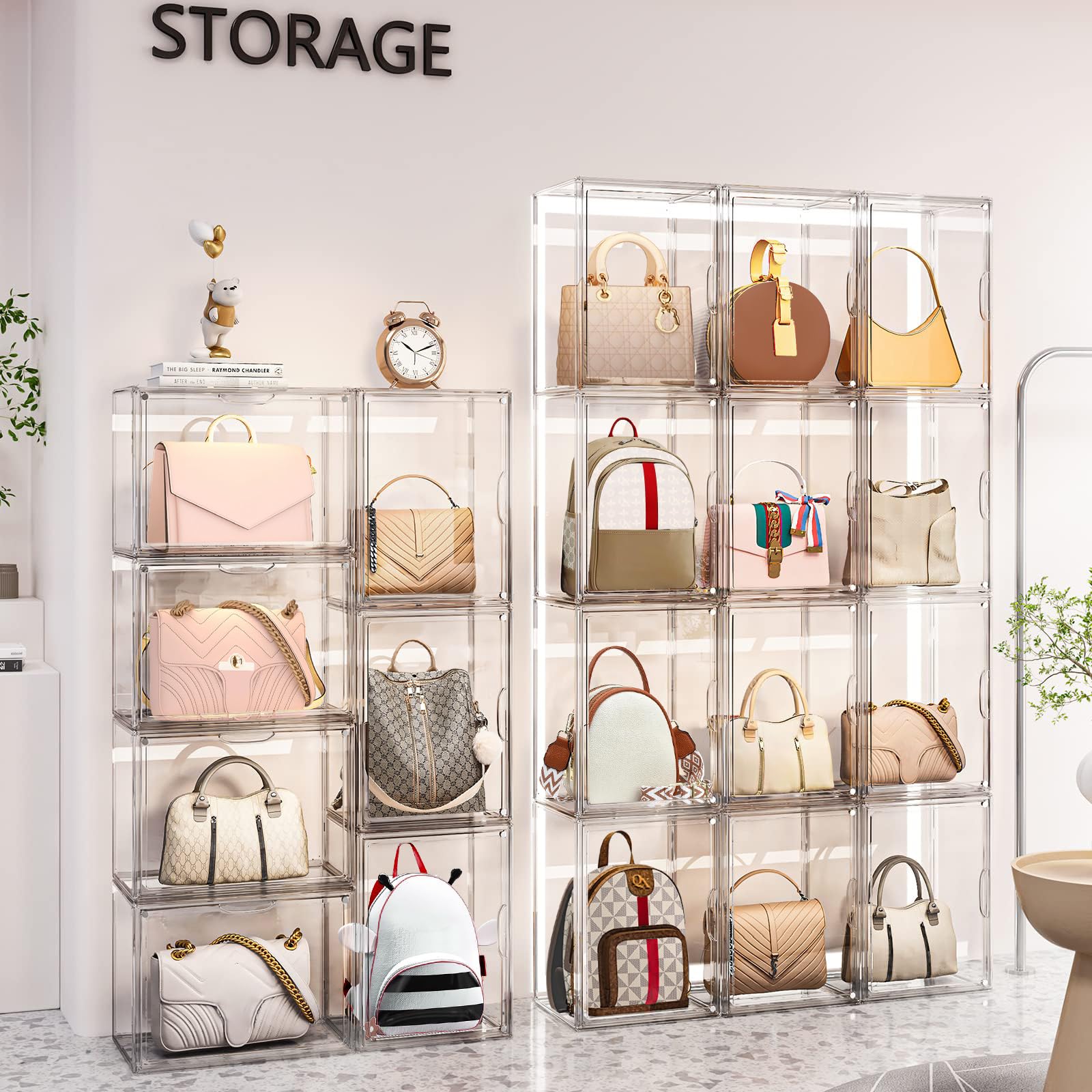 FODIENS 3 Packs Clear Handbag Storage Organizer for Closet, Acrylic Display Case for Purse Handbag, Stackable Purse Organizer Storage Box with Magnetic Lids for Wallet Book Collectibles