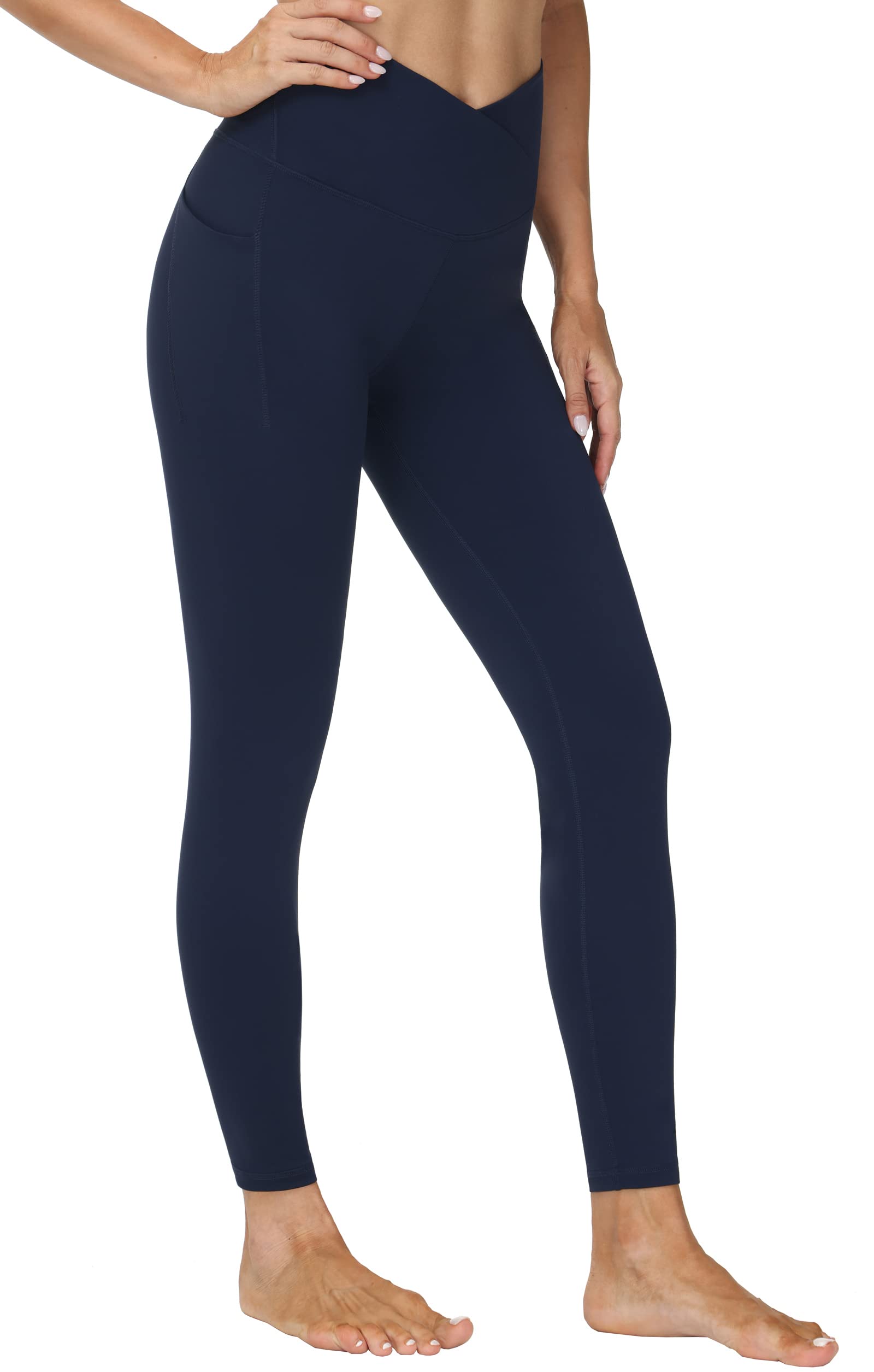 Cross Waist Workout Leggings for Women High Waisted Tummy Control Gym Yoga Pants with Pockets(Blue,Large)