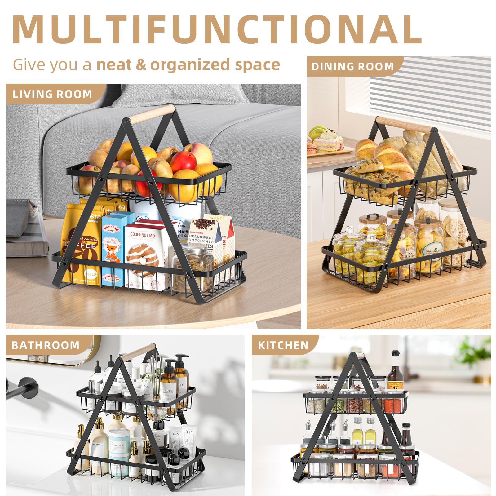 Foensc 2 Tier Fruit Basket, Upgraded Fruit Bowl, Detachable Metal Fruit Holder Vegetable Basket for Kitchen Counter, Large Capacity Fruit Storage Stand Organizer for Produce Bread Snack, Black