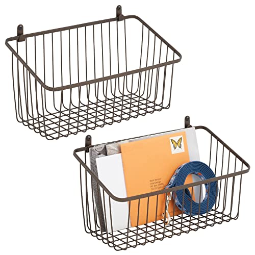 mDesign Metal Wire Wall Mounted Storage Organizer Basket Bin for Kitchen, Bedroom, Bathroom - Mountable Hanging Organization in Pantry, Closet, and Cabinet - Unity Collection - 2 Pack - Bronze