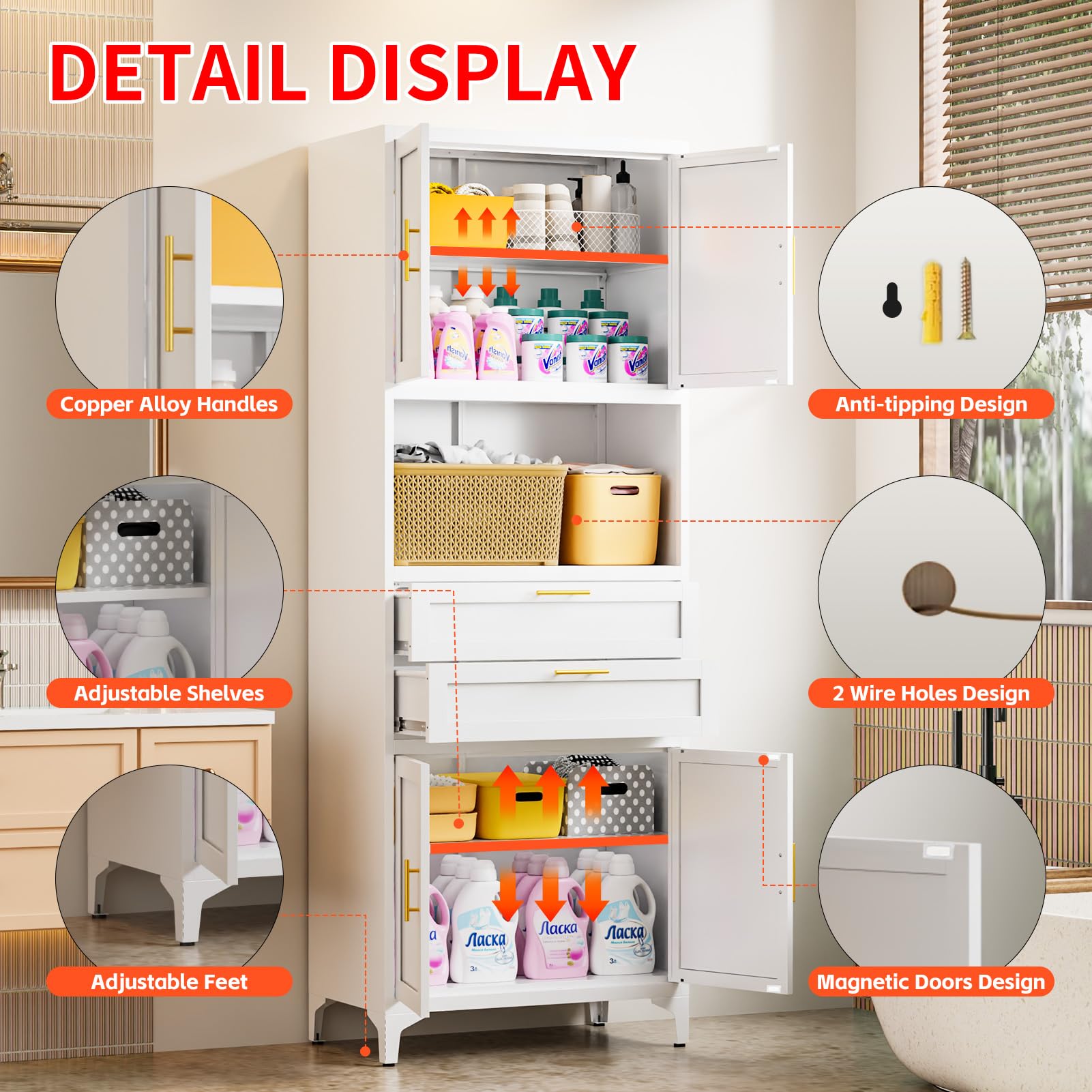 FogQueen 75" Tall Metal Storage Cabinet,Pantry Storage Cabinet with 2 Drawers and Open Space,Kitchen Cupboard with Adjustable Shelves,Multi-Functional Cabinet for Living Room,Bathroom,Garage (White)