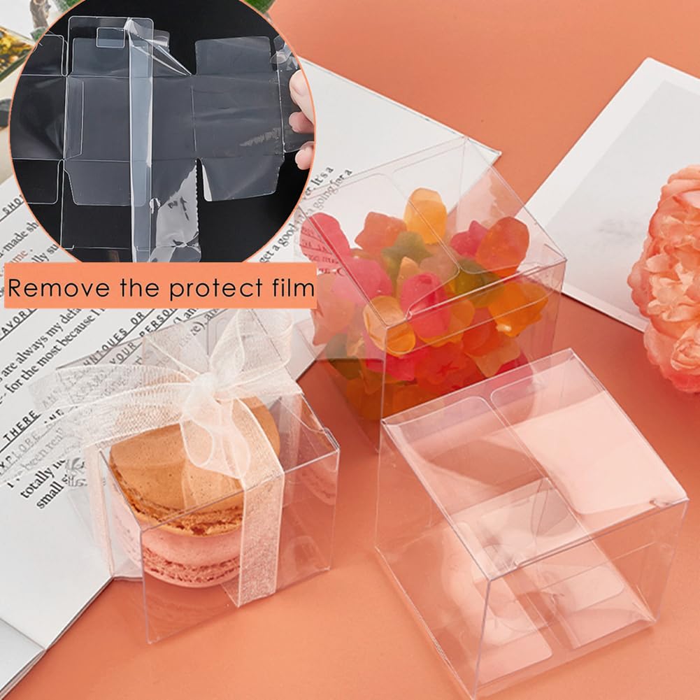 Jutieuo 100 Pack 2x2x2 Inches Clear Favor Boxes with Ribbons, Transparent Cube Treat Boxes for Candy Mini Cupcake & Chocolate Bomb, Individual Macaron Packaging Box for 2