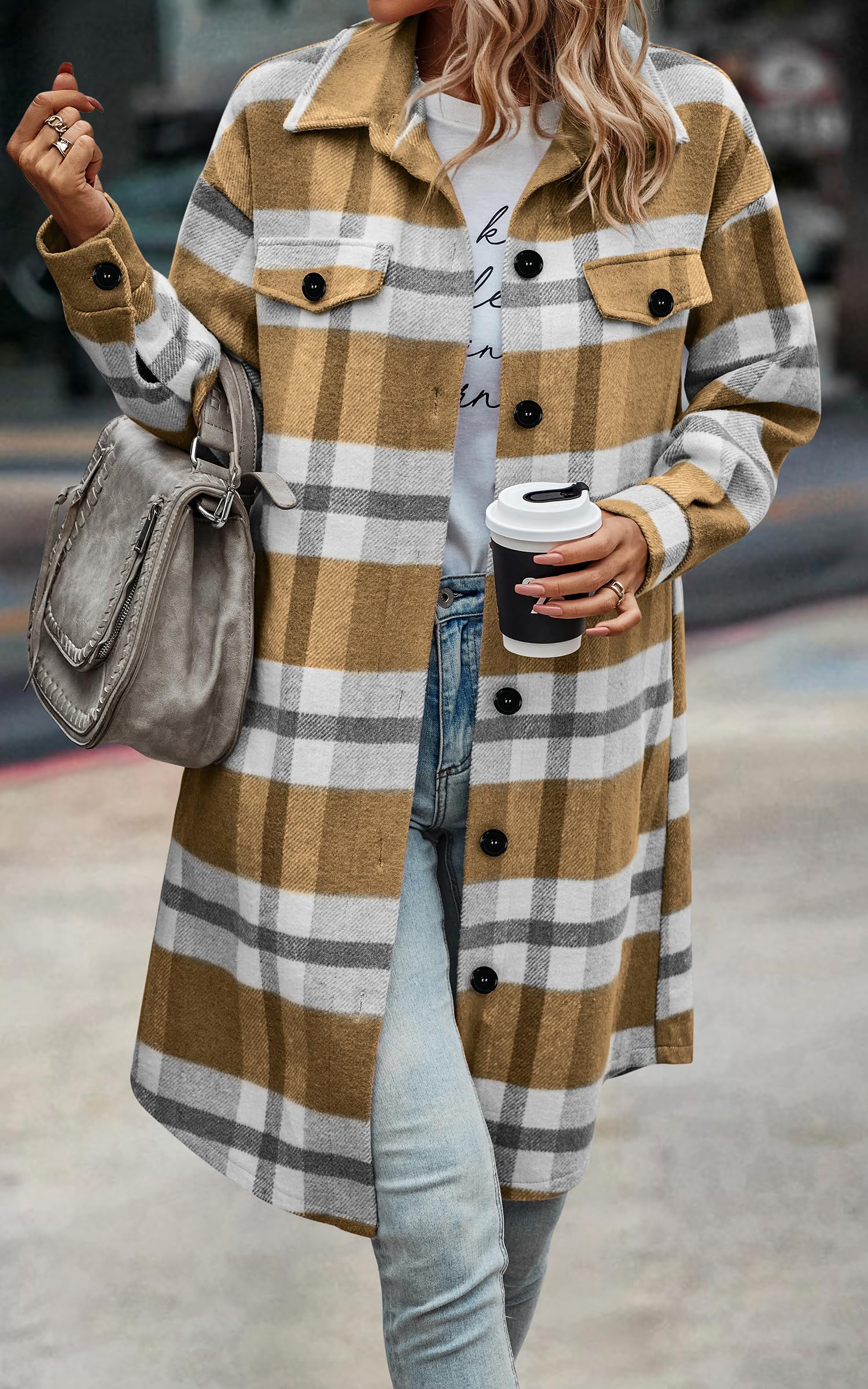 CCTOO Womens Plaid Flannel Shacket: 2023 Long Sleeve Trench Shirt Winter Tartan Jacket Woolen Lapel Neck Button Down Pea CoatsSmall140Yellow P