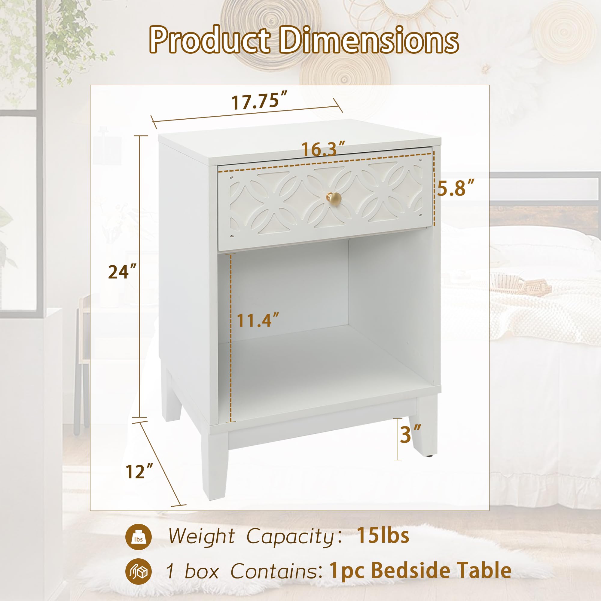 E-SHANHOMY White Nightstand Drawers Modern Side Table for Bedroom,Night Stand End Table with Storage Shelf,Night Tables Wood Nightstand Table Bedroom, 24" H