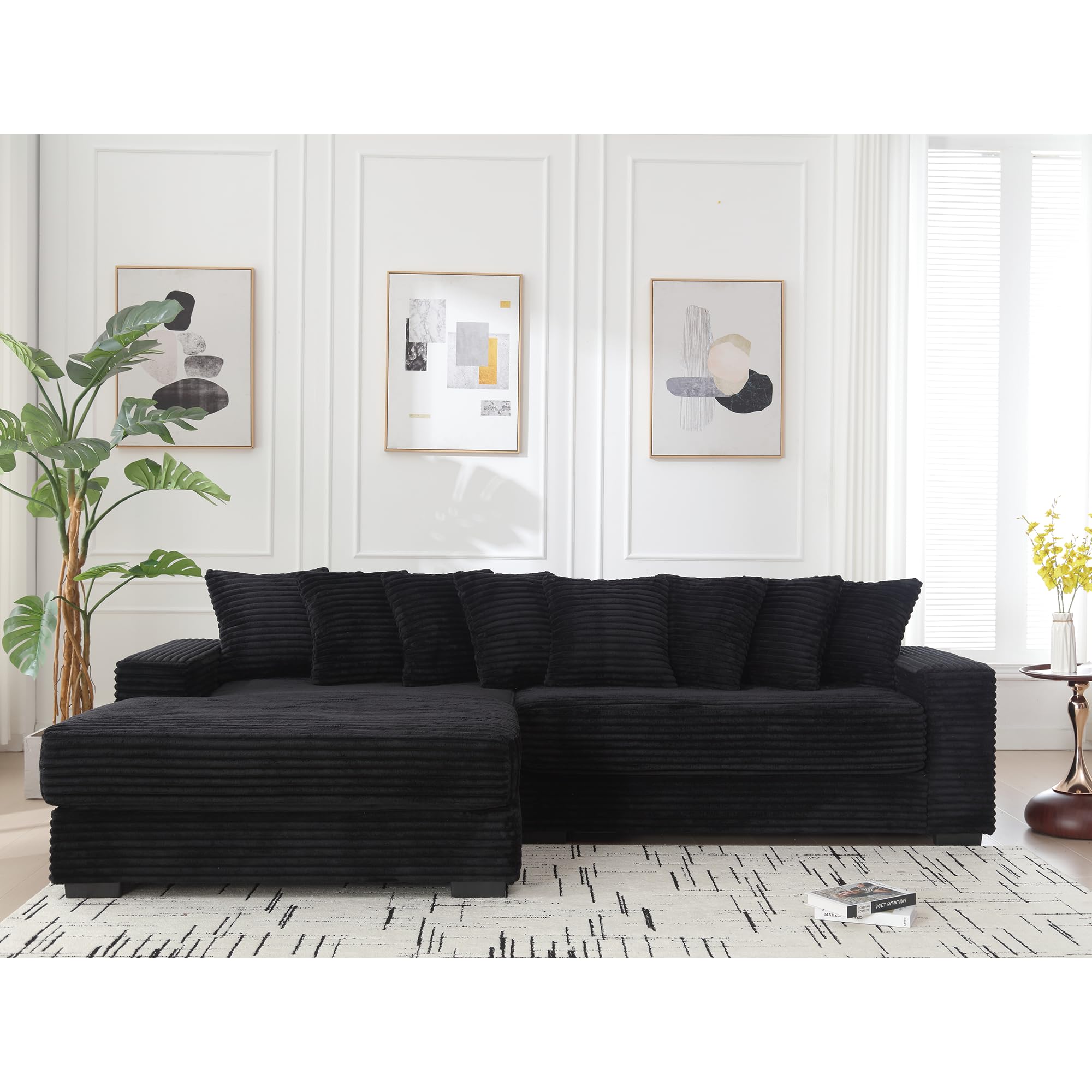 HanStrong Sectional Sofa Couch, 111"x60" L Shaped Comfy Corduroy Upholstered Sofa with Right Chaise & 8 Throw Pillows, Oversized Two-Piece Couches Corner Sofa for Living Room Apartment, Black