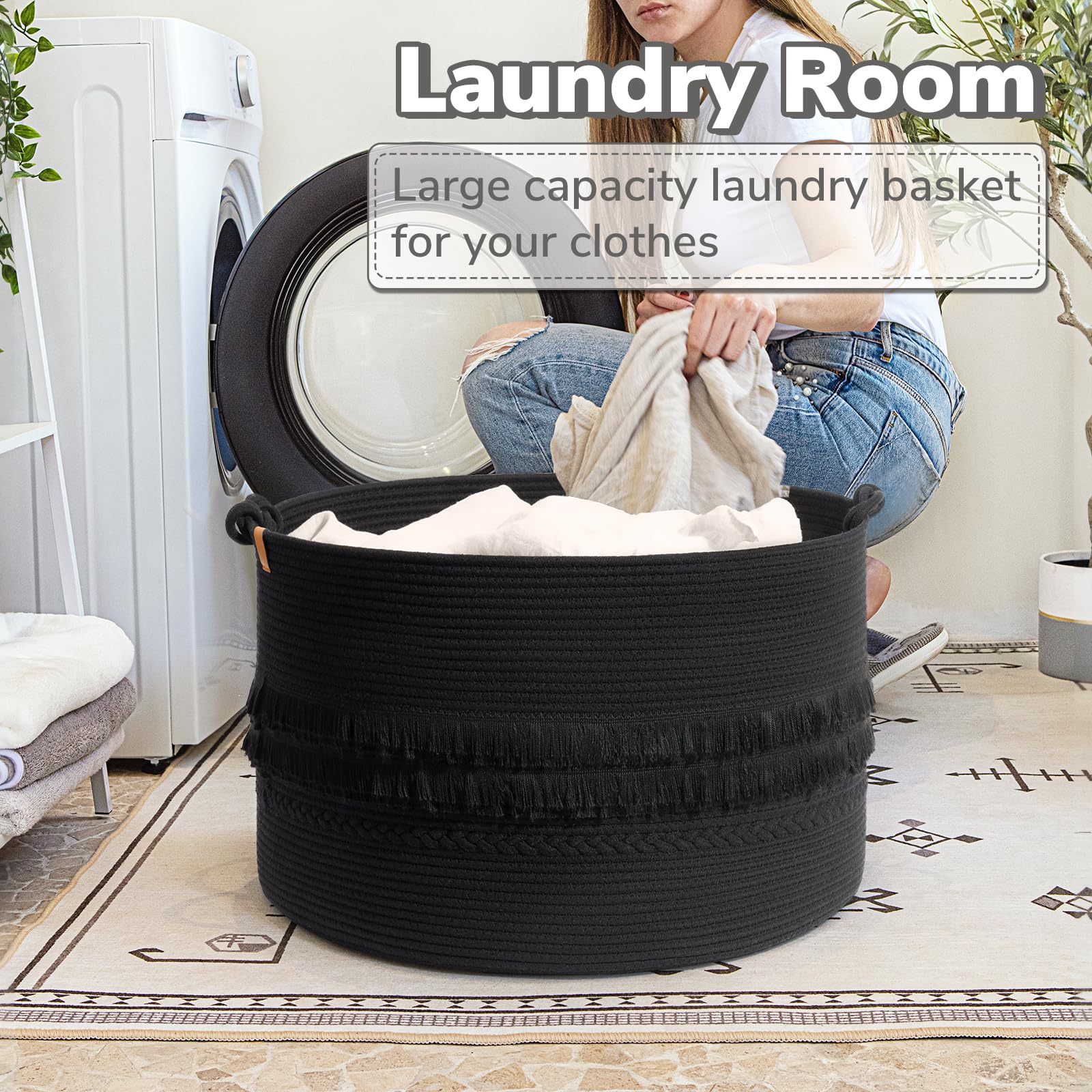 CherryNow Extra Large Black Laundry Basket, Rope Storage Basket for Bathroom, Bedroom, Living room, Entryway, Big Blanket Basket for Pillows, Toys, Clothes, 22 x 14 inches