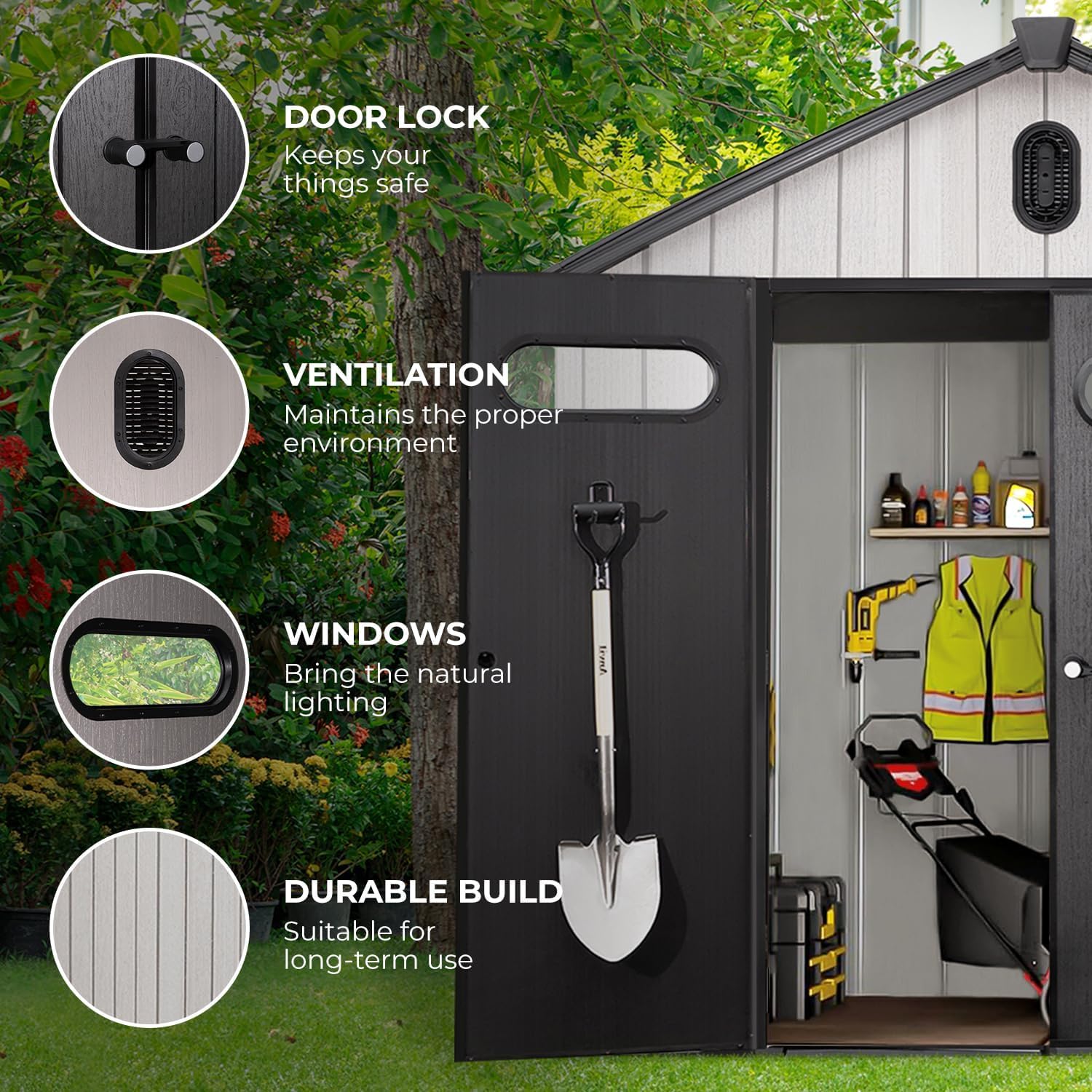 EconoHome 8x8 Ft Outdoor Storage Shed with Floor - Waterproof Shed with Lockable Door for Garden - Backyard, Tool Storage Use - Grey