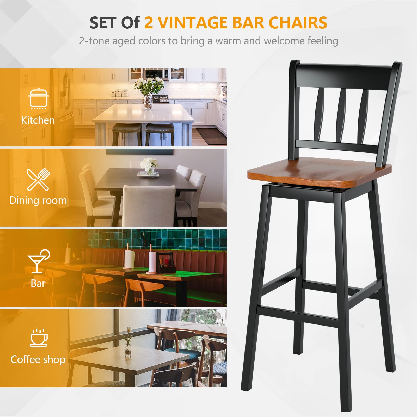 COSTWAY Bar Stools Set of 2, 30.5 Inch Solid Rubber Wood Bar Chairs with 360 °Swiveling, Footrest, Swivel Pub Height Barstools with Back Ideal for Kitchen Island, Counter, Pub(Set of 2, Black)
