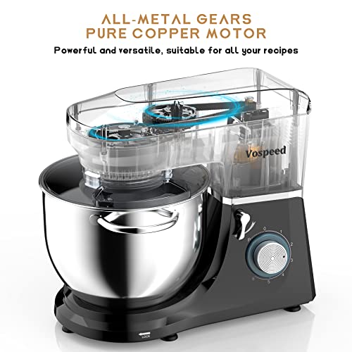 Vospeed Stand Mixer, 7 QT 660W 6+P Speed Tilt-Head Kitchen Mixer, with Stainless Steel Mixing Bowl, Beater, Dough Hook, Whisk, for Household (Black)