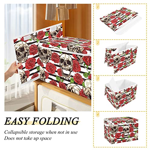 innewgogo Skulls Red Roses Storage Bins with Lids for Organizing Closet Organizers with Handles Oxford Cloth Storage Cube Box for Dog Toys