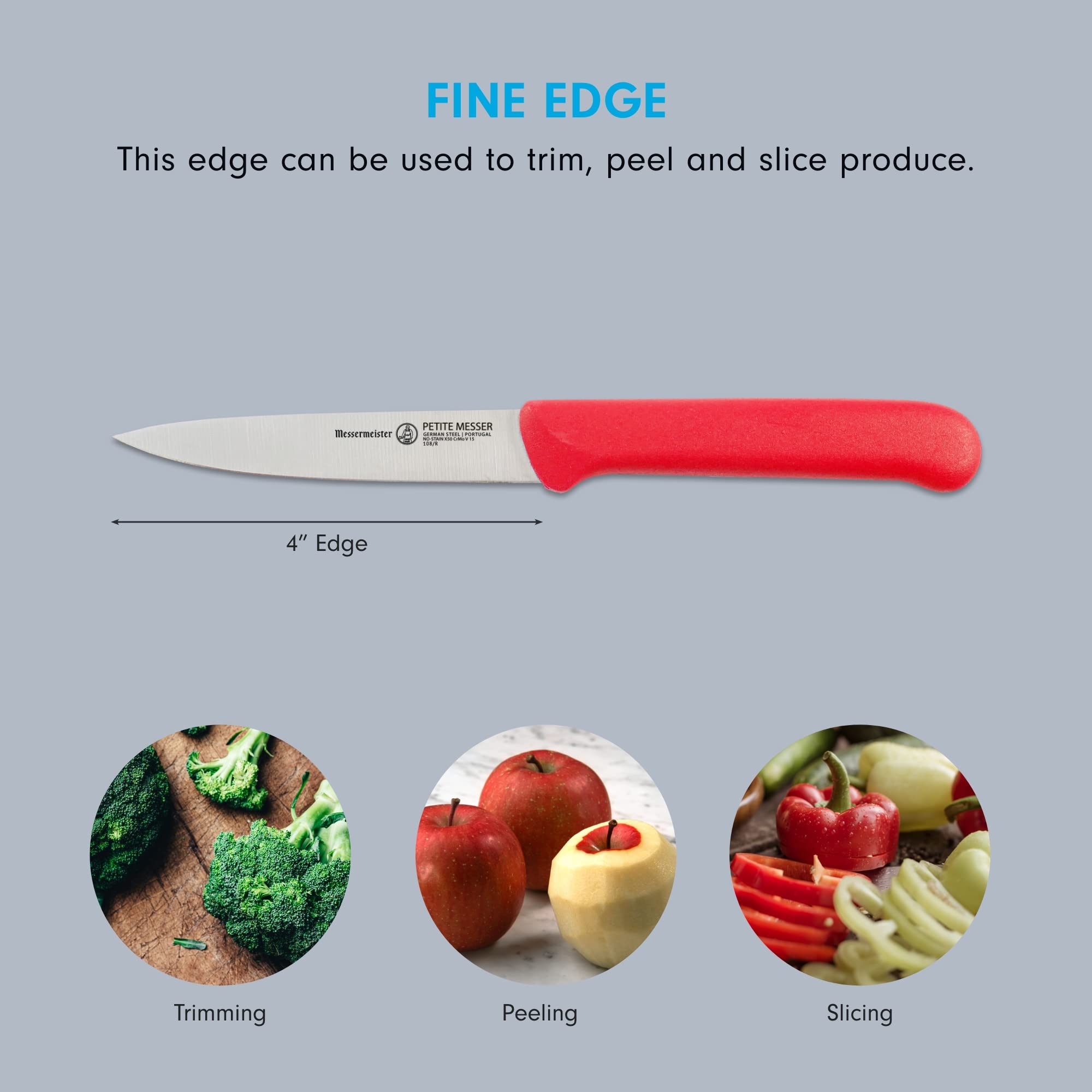 Messermeister Petite Messer 4” Spear Point Parer with Matching Sheath, Red - German 1.4116 Stainless Steel & Ergonomic Handle - Lightweight, Rust Resistant & Easy to Maintain