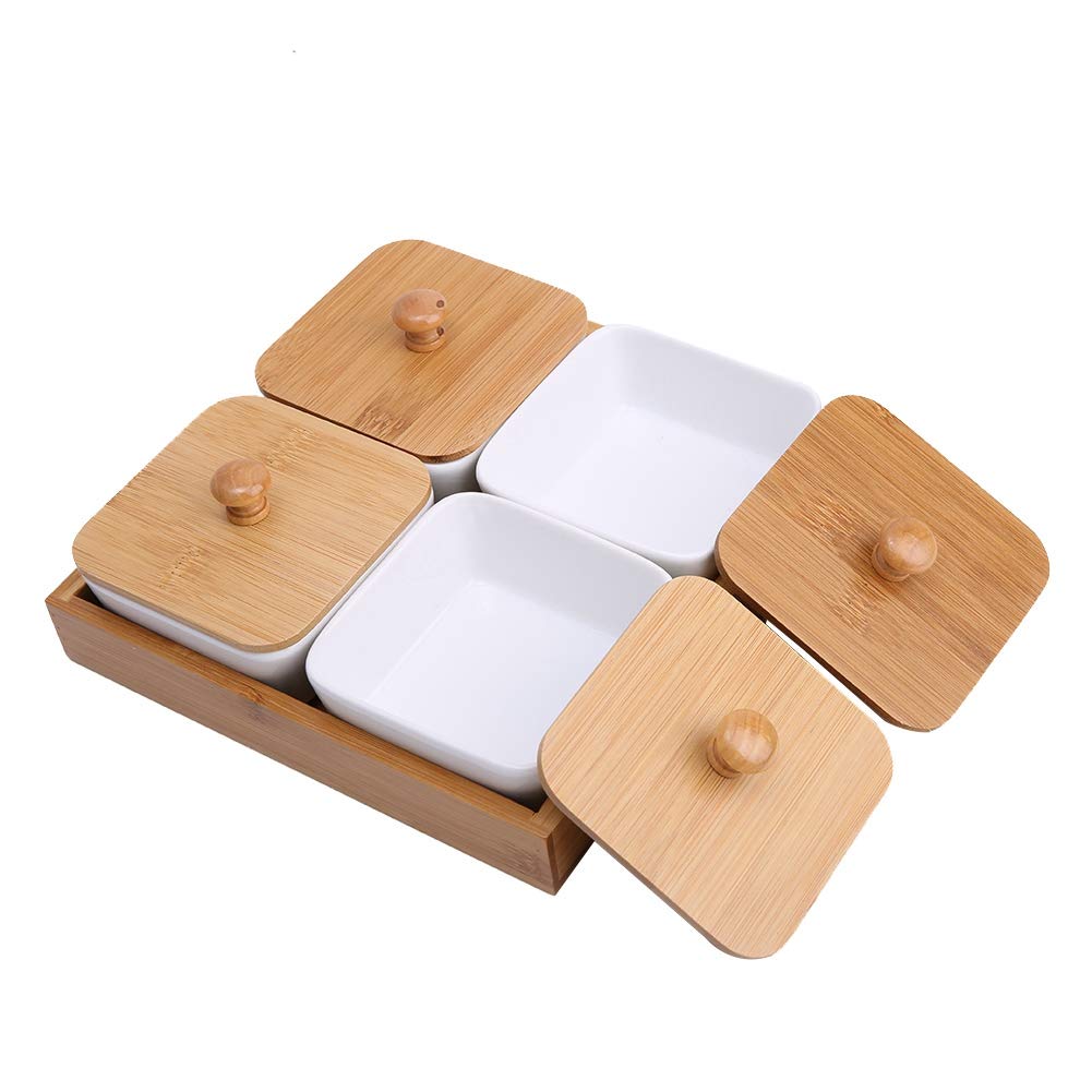 Ceramic Appetizer Serving Plate with Bamboo Tray Cover Snacks Tray fit for Wide Variety of Desktop Decoration(Four compartments with Cover)