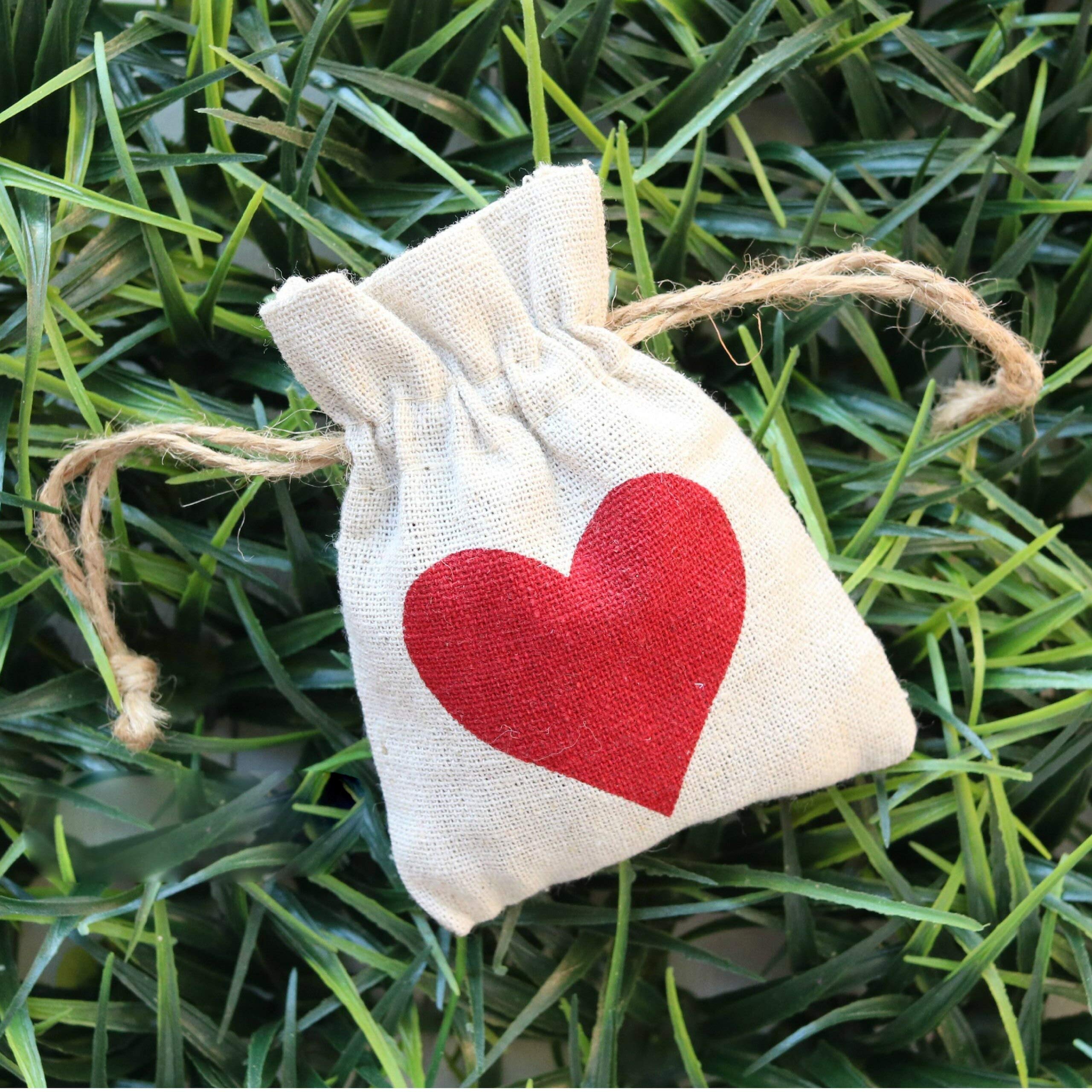 Cotton Jewellery Organizer Packaging Print Red Hearts Cute Wedding Gift Bag Jewelry Storage Drawstring Pouch