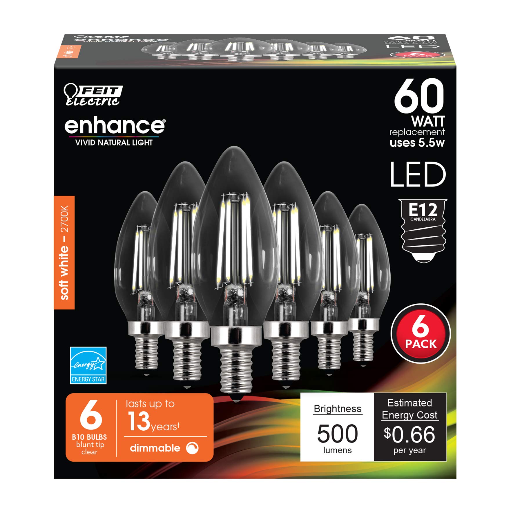Feit Electric 60W Equivalent Candelabra LED Light Bulb, Dimmable, E12 Base, 2700K Soft White, B10 Filament Torpedo Tip Decorative Lighting Bulbs, 13-Year Lifetime, CTC60/927CA/FIL/6, 6-Pack
